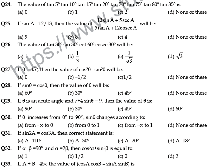 CBSE Class 10 Mathematics Application of Trigonometry MCQs with Answers